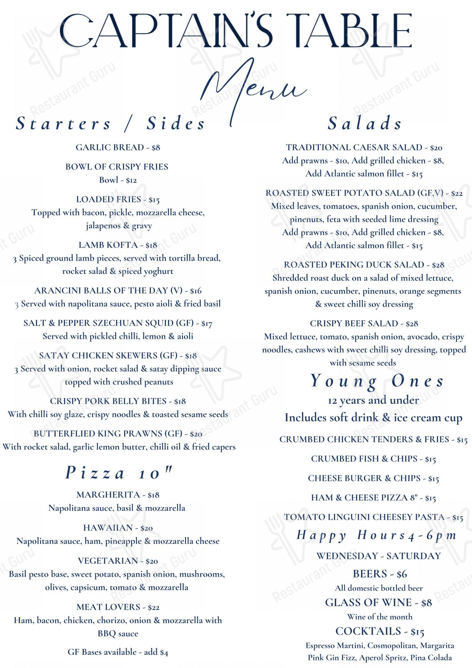 Menu at The Captain's Table restaurant, Forresters Beach
