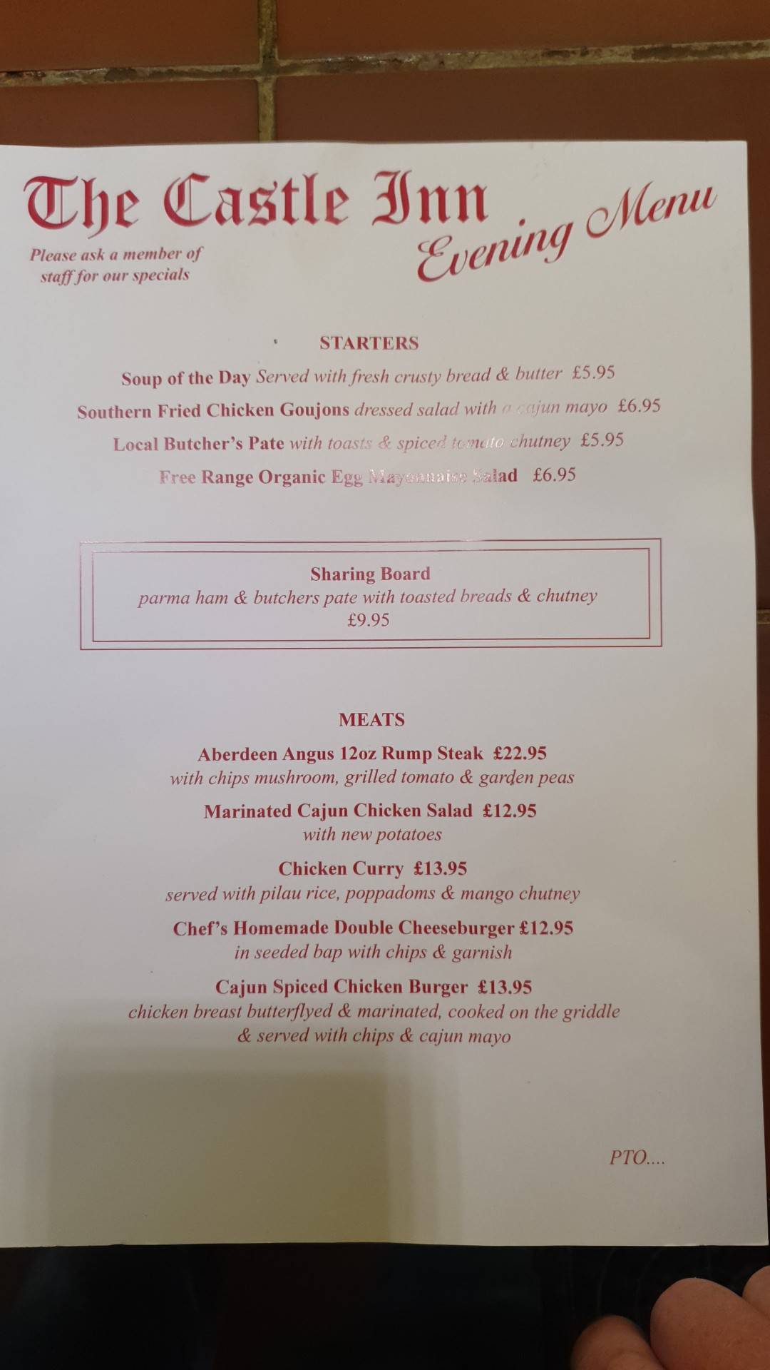 Menu at The Castle Inn pub & bar, Corfe Castle
