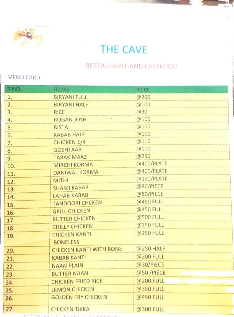 Menu at The Cave Restaurant And Fast Food, India