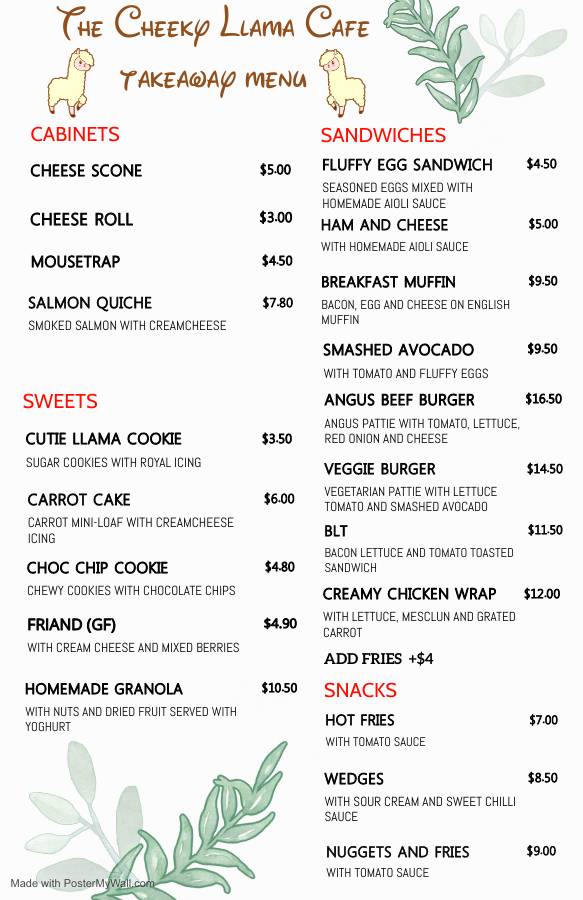 Menu at The Cheeky Llama Cafe, Invercargill