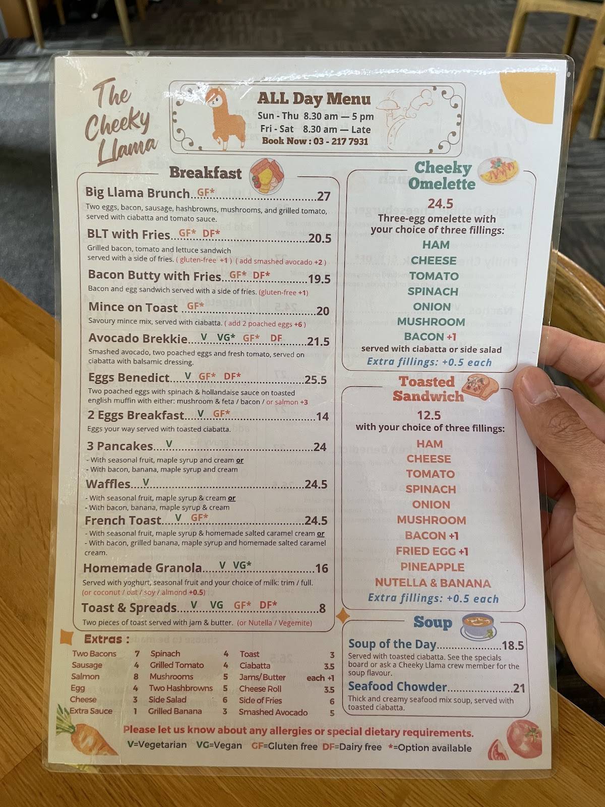 Menu at The Cheeky Llama Cafe, Invercargill, 216 Queens Dr