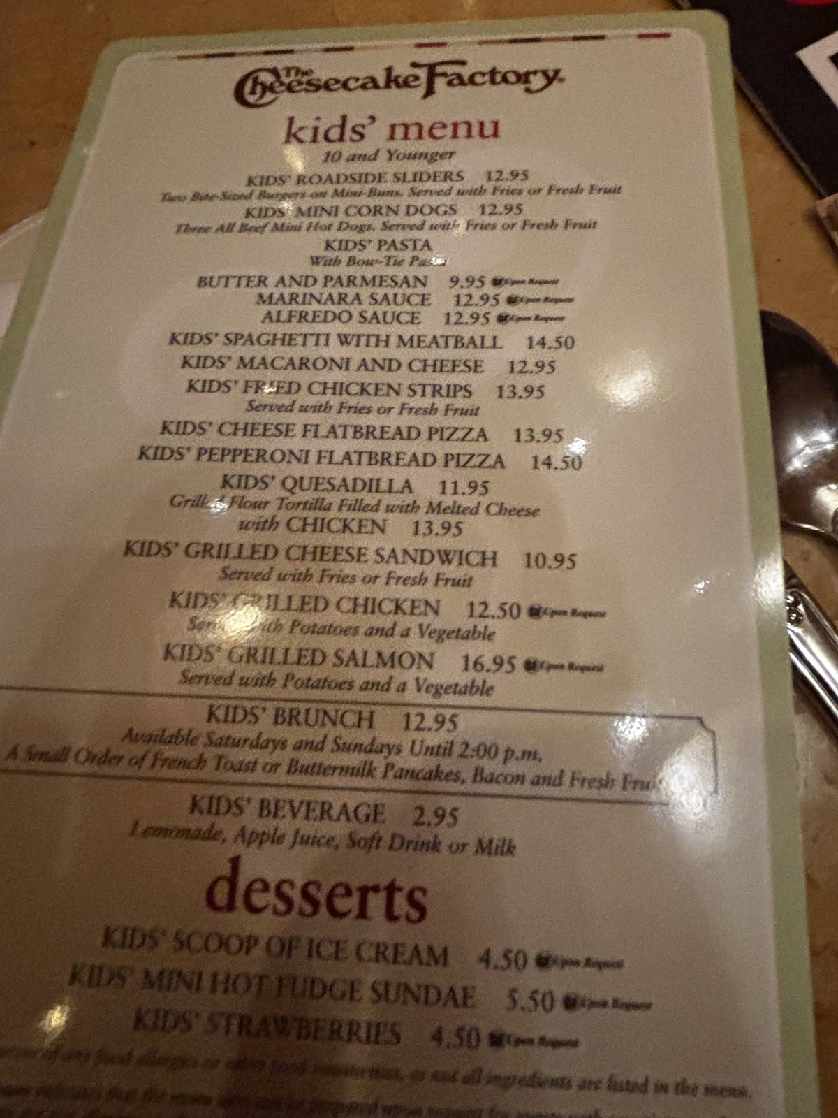 Menu at The Cheesecake Factory desserts, Toronto