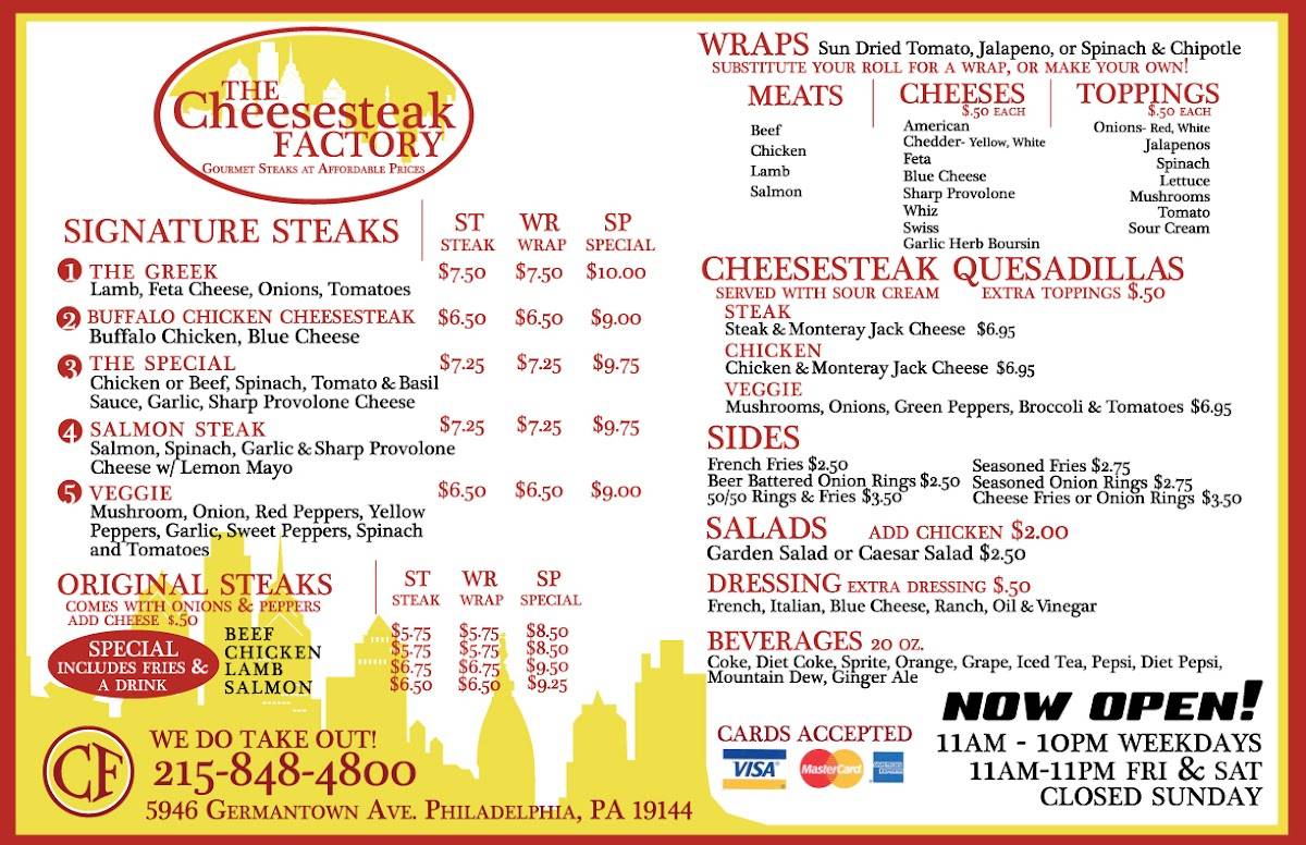 Menu at The Cheesesteak Factory Inc. restaurant, Philadelphia
