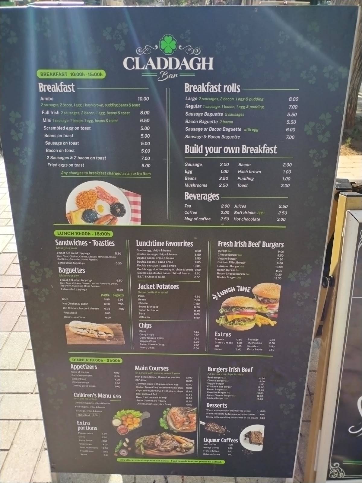Menu at The Claddagh Irish bar, Torremolinos