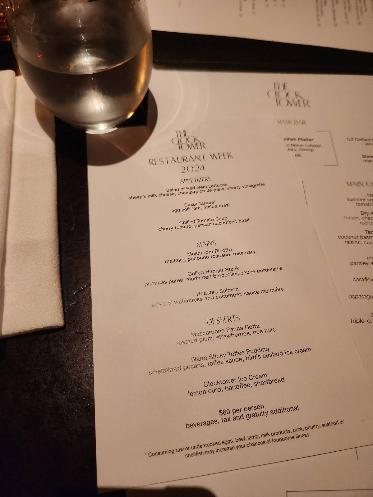 Menu at The Clocktower restaurant, New York City