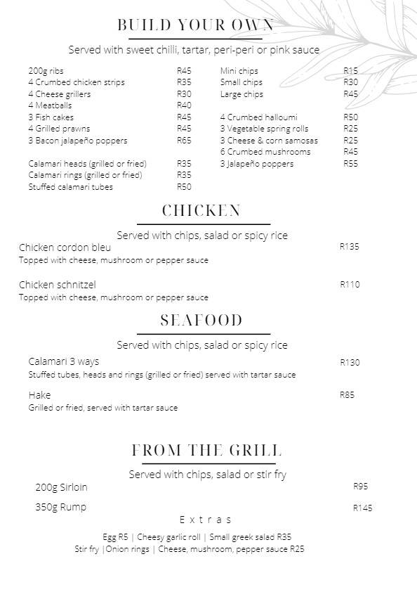 Menu at The Clubhouse, Scottburgh