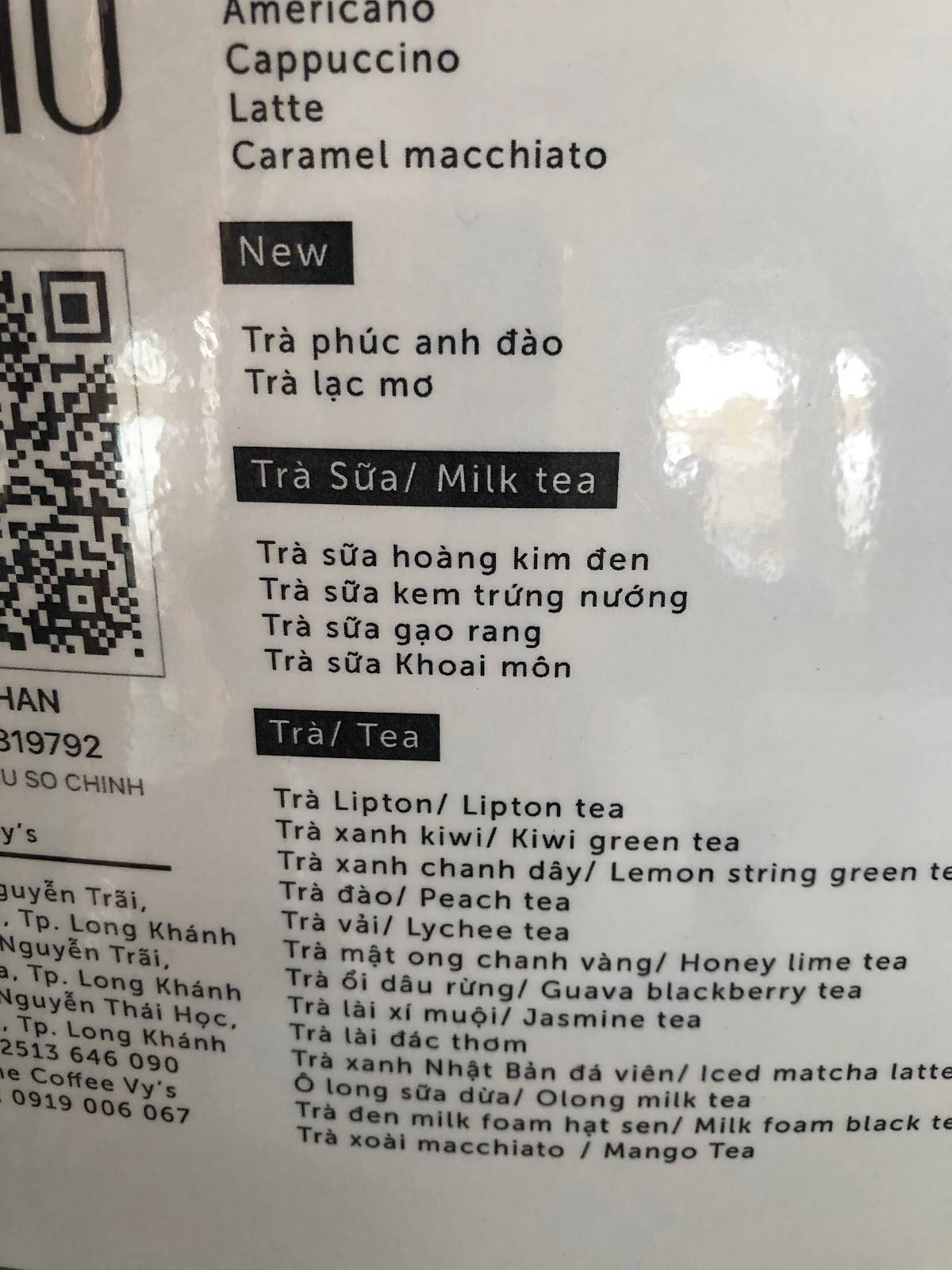 Menu at The Coffee Vy's cafe, Long Khanh, 45 Nguyễn Trãi
