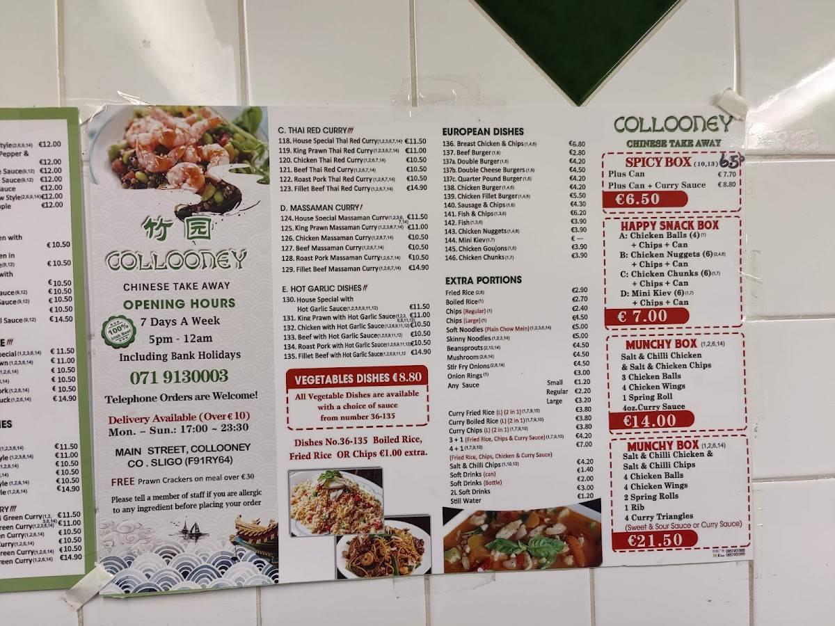 Menu at The Collooney Chinese Take Away fast food, Ireland
