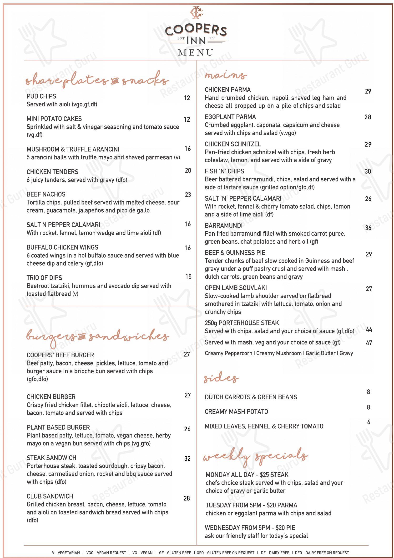 Carta del restaurante The Coopers Inn, Melbourne, 282 Exhibition St
