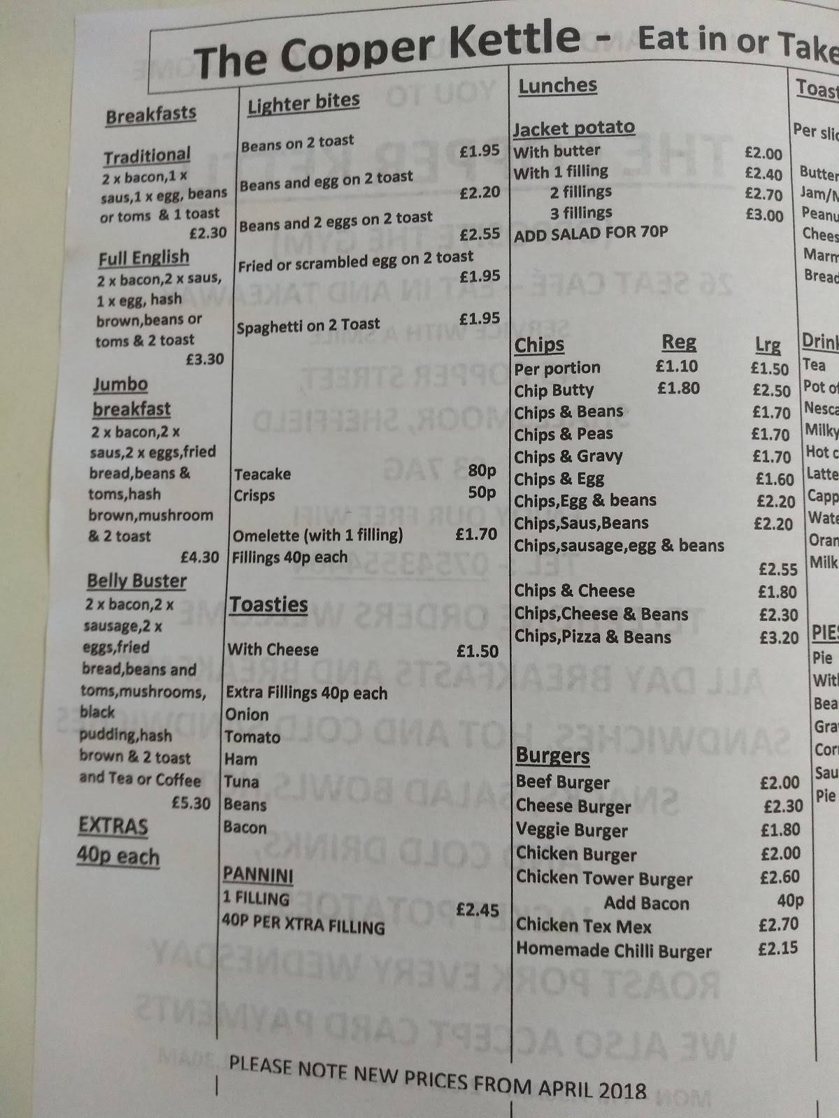 Menu at The Copper Kettle cafe, Sheffield, 45 Copper St