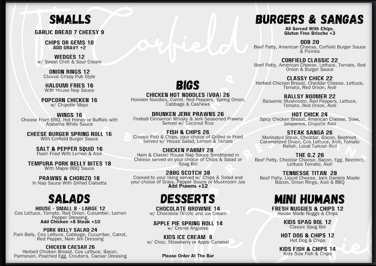Menu at The Corfield Tav pub & bar, Gosnells