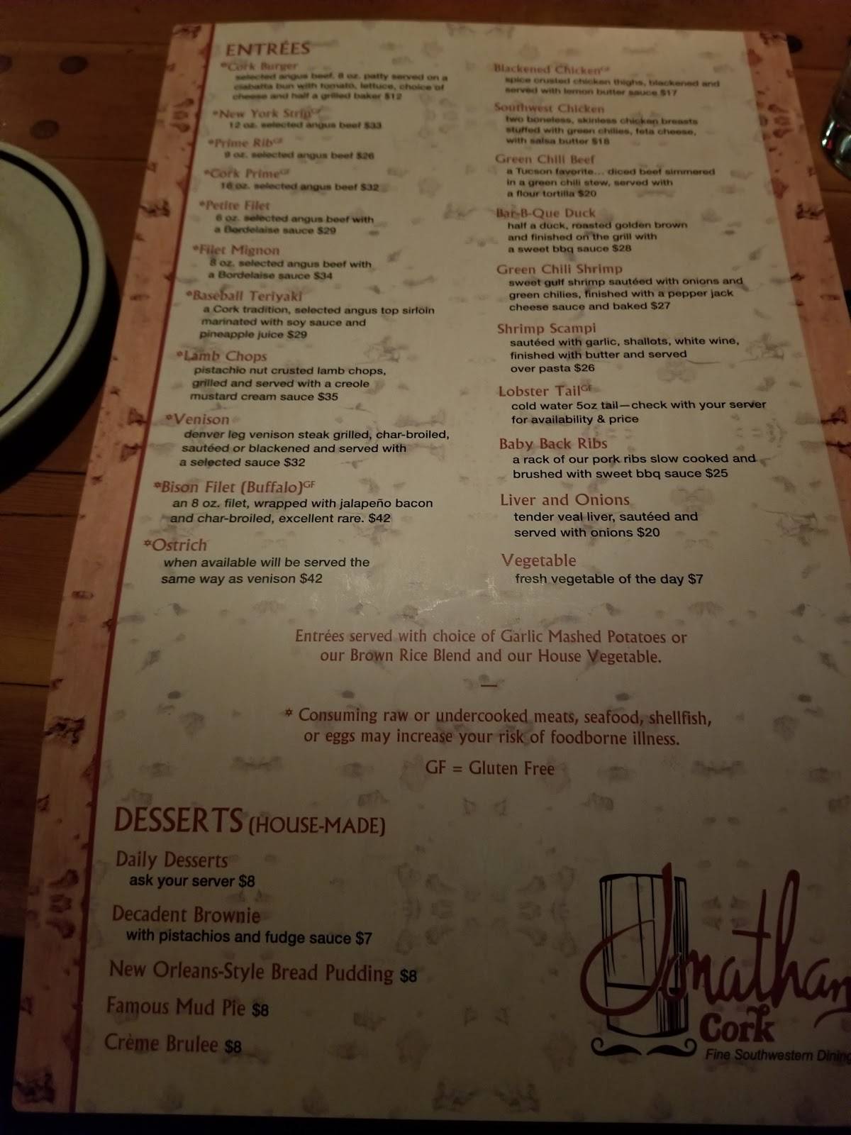 Menu at The Cork Tucson pub & bar, Tucson