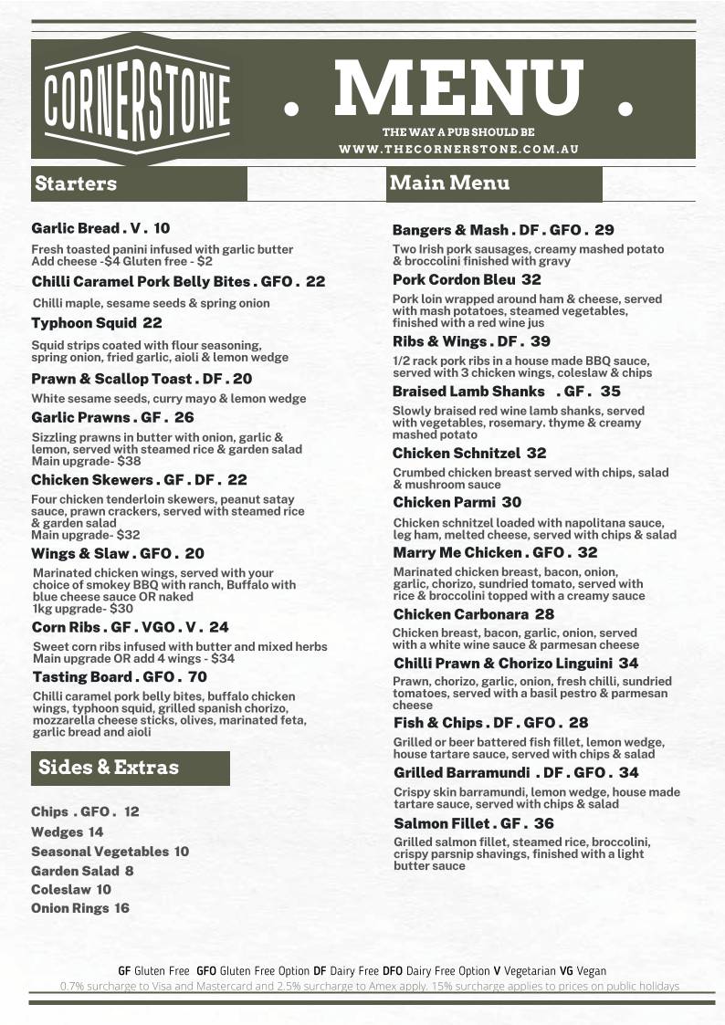 Menu at The Cornerstone Tavern restaurant, Butler, Kingsbridge Blvd ...