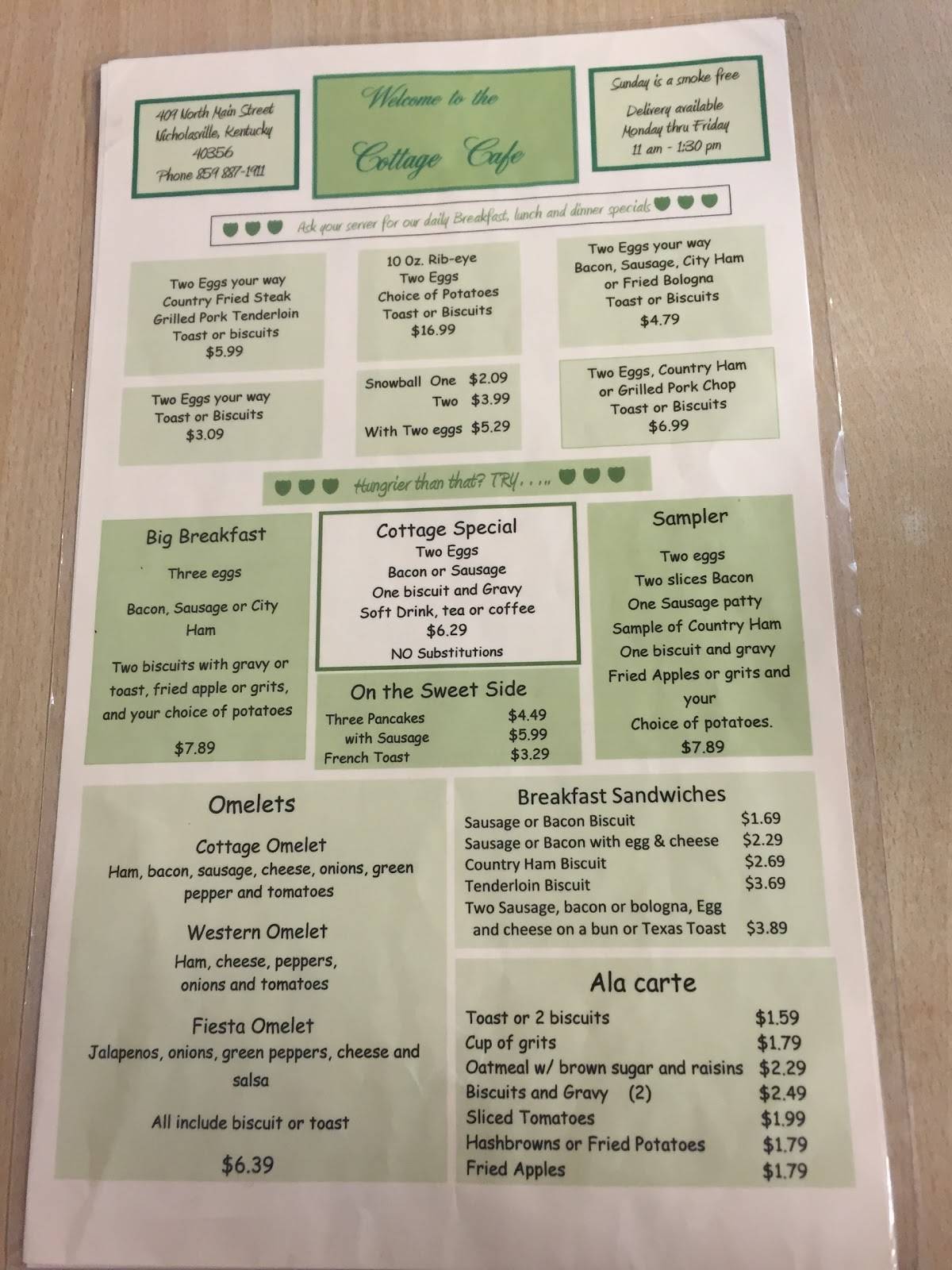 Menu at The Cottage Cafe, Nicholasville