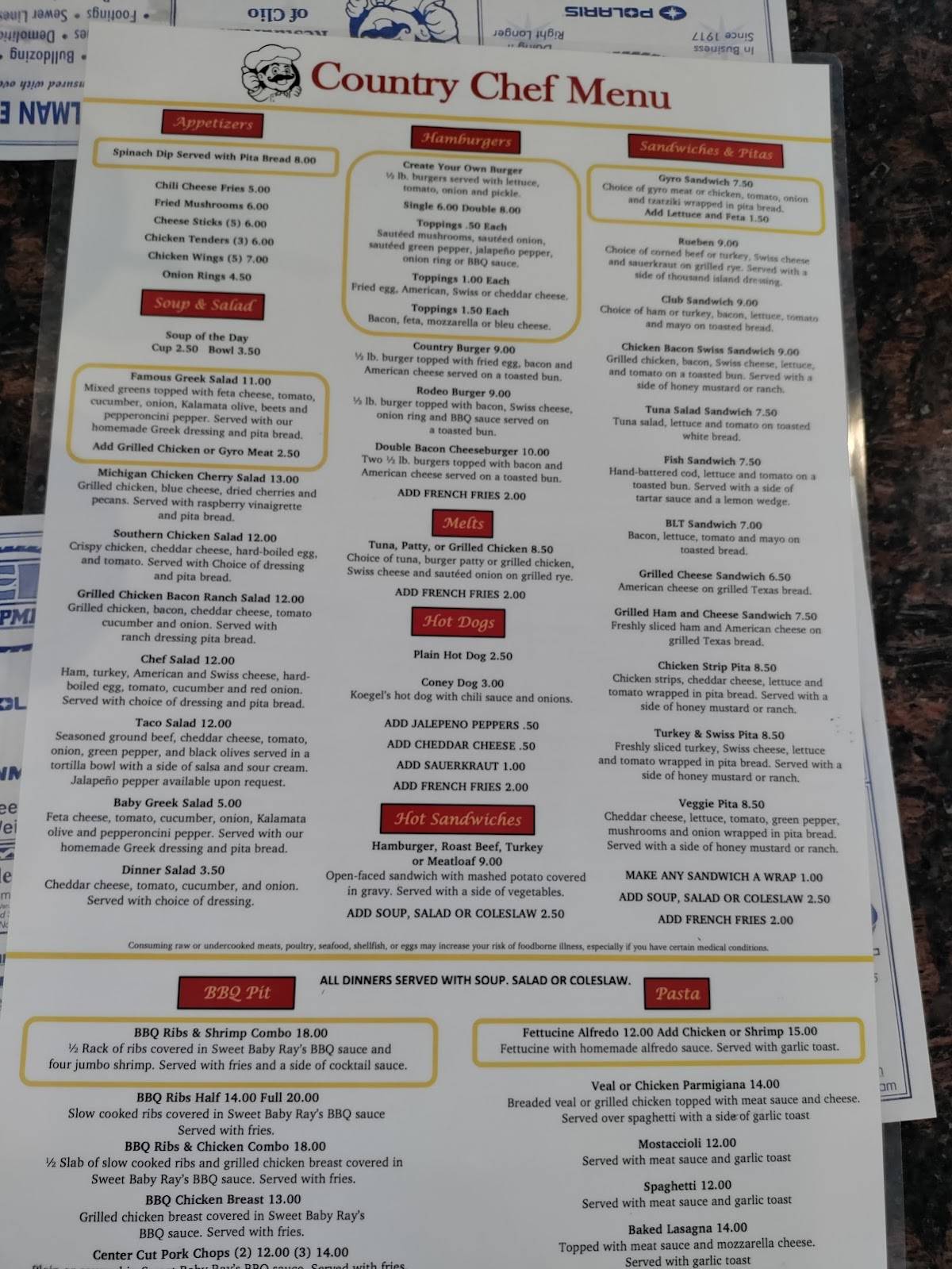 Menu at ANDYS COUNTRY CHEF restaurant, Clio