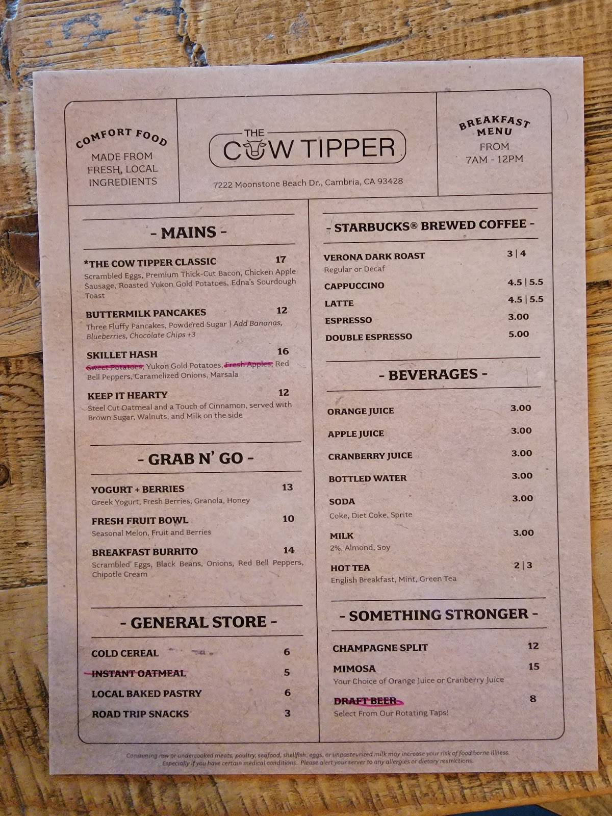 Menu at The Cow Tipper at Oceanpoint Ranch restaurant, Cambria