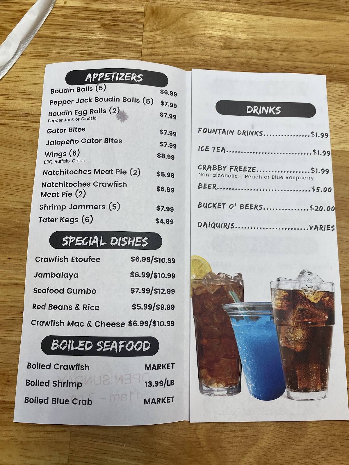 Menu at The Crabby Crawfish restaurant, Shreveport