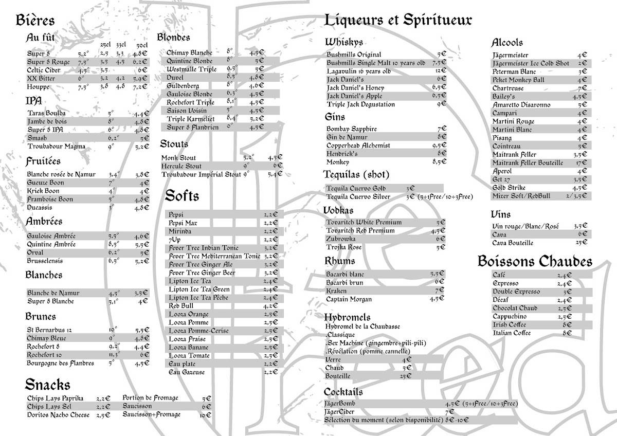 Menu at The Creed Bar, Namur