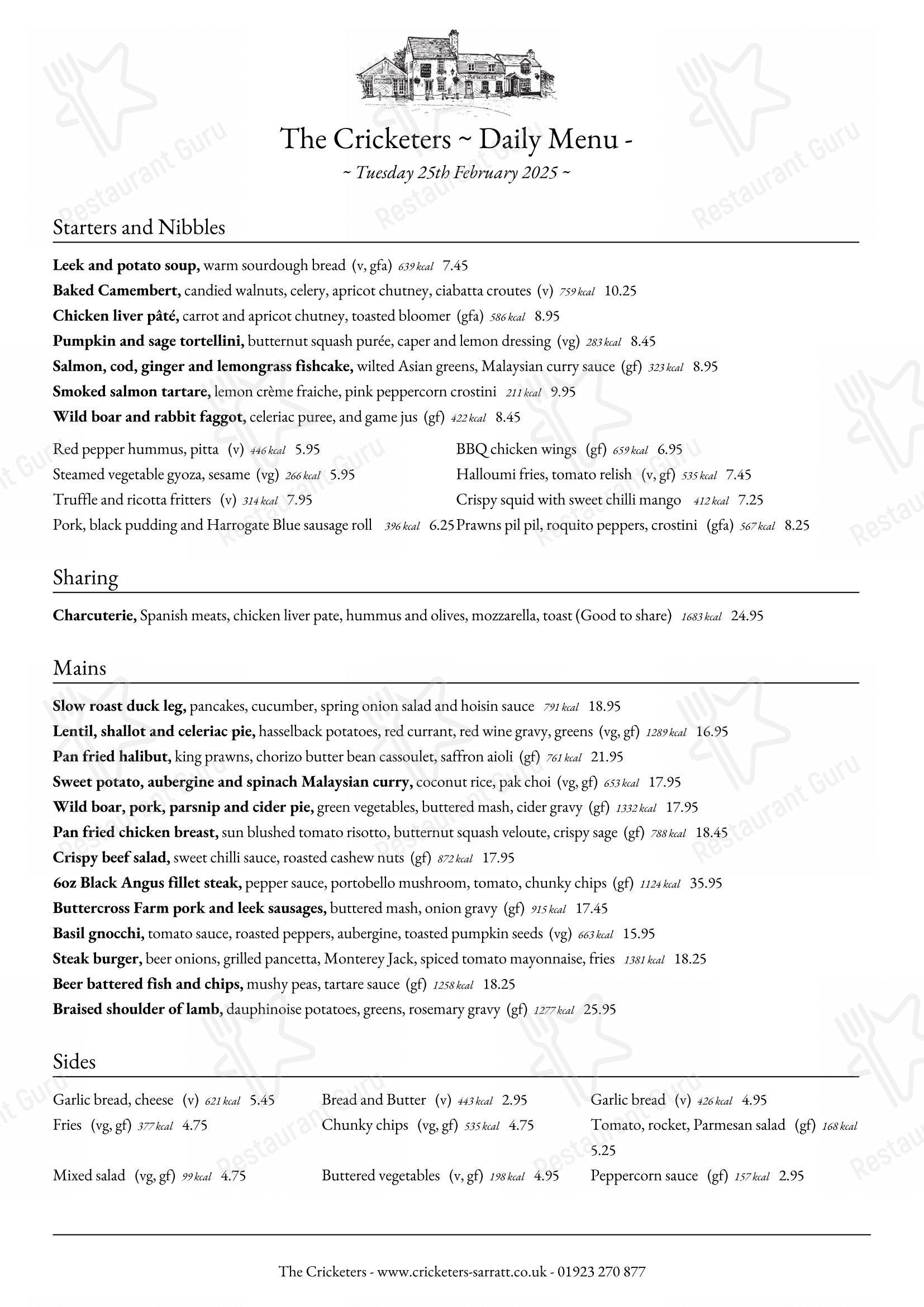 Menu at The Cricketers pub & bar, Sarratt