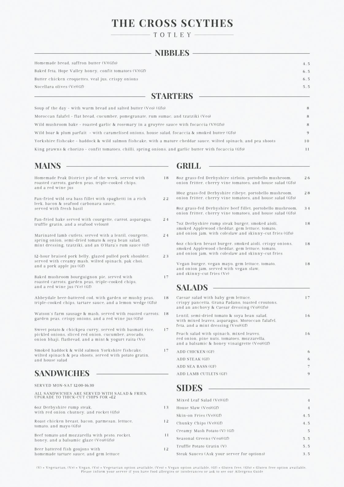 Menu at The Cross Scythes Totley pub & bar, Sheffield, Baslow Rd