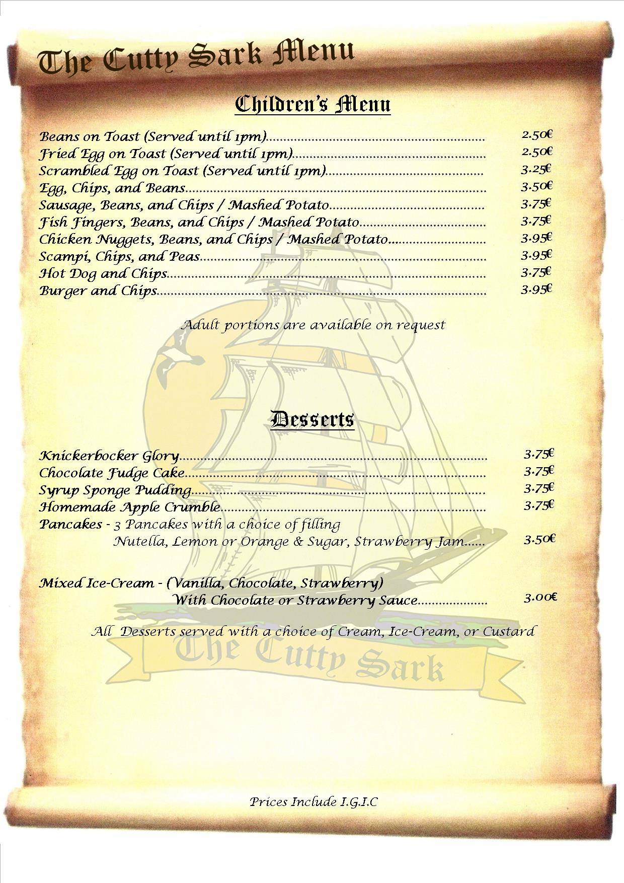 Menu at The Cutty Sark pub & bar, Costa Teguise, Avenida Maritima