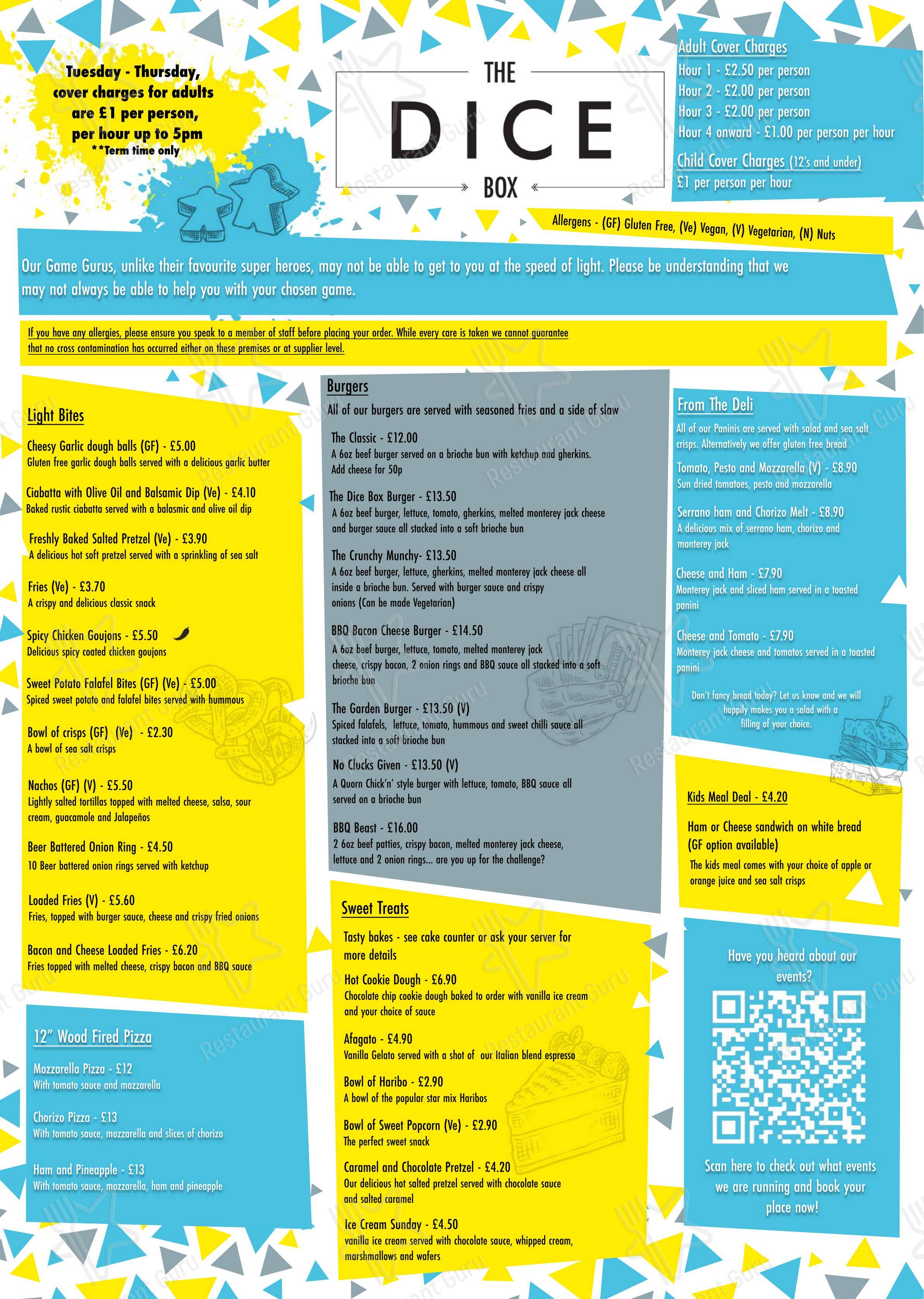 Menu at The Dice Box cafe, Royal Leamington Spa