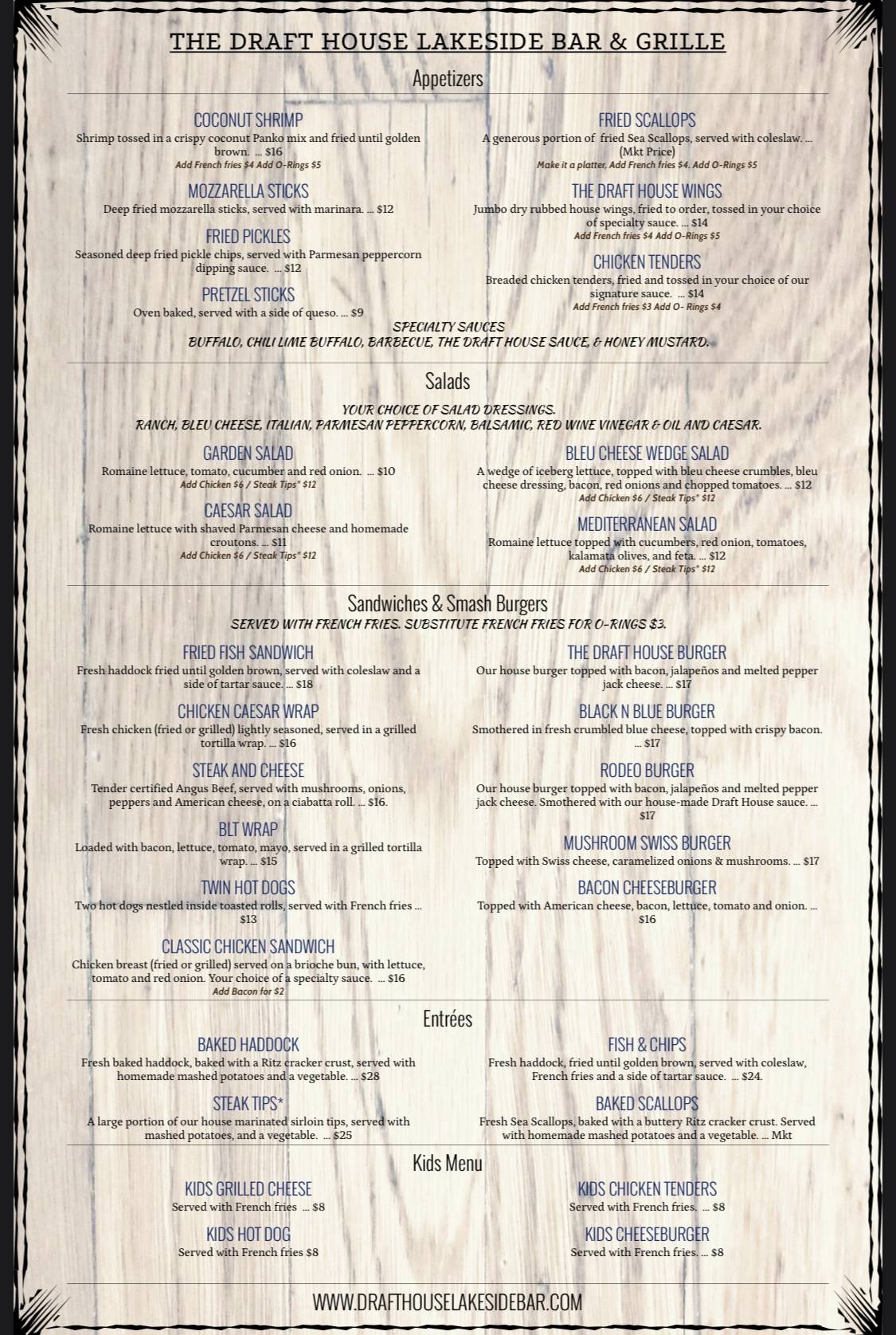 Menu at The Draft House Lakeside Bar & Grille, Kingston