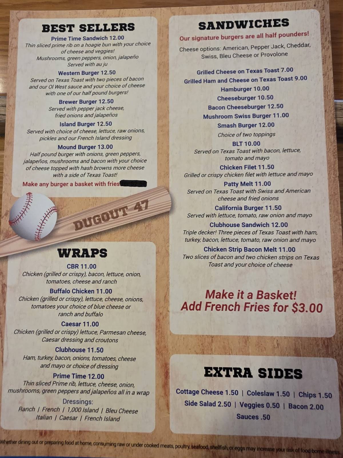 Menu at The Dugout 47 pub & bar, La Crosse