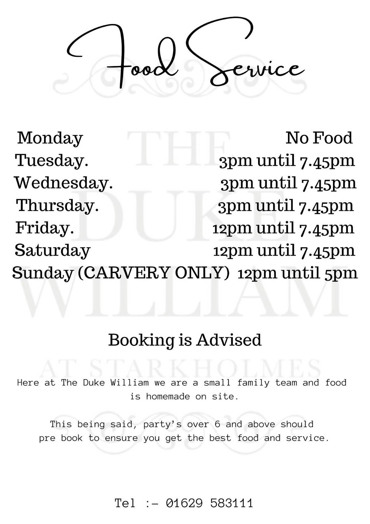 Menu at The Duke William Matlock pub & bar, Matlock