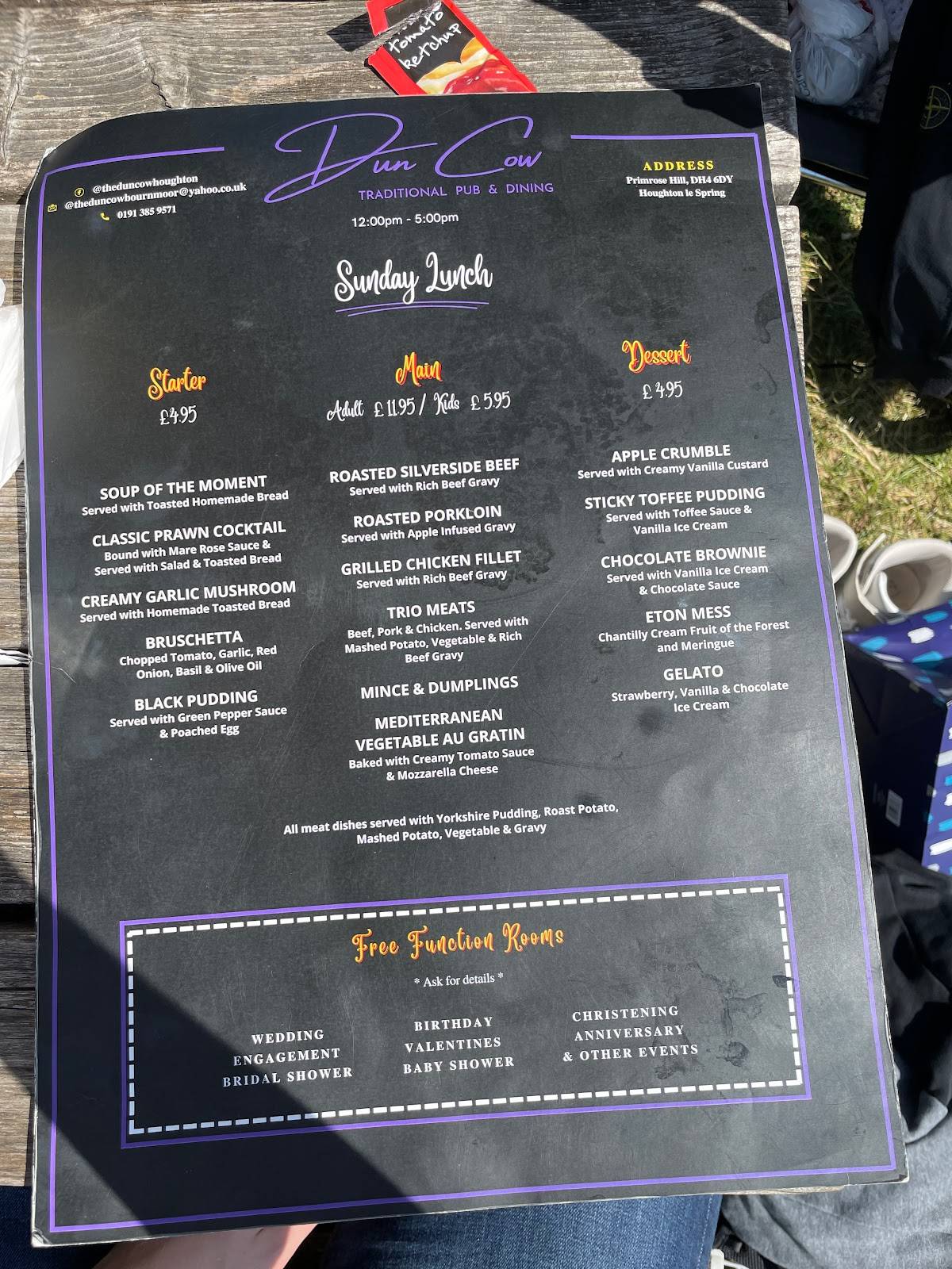 Menu at The Dun Cow, Bournmoor, County Durham pub & bar, Houghton le Spring