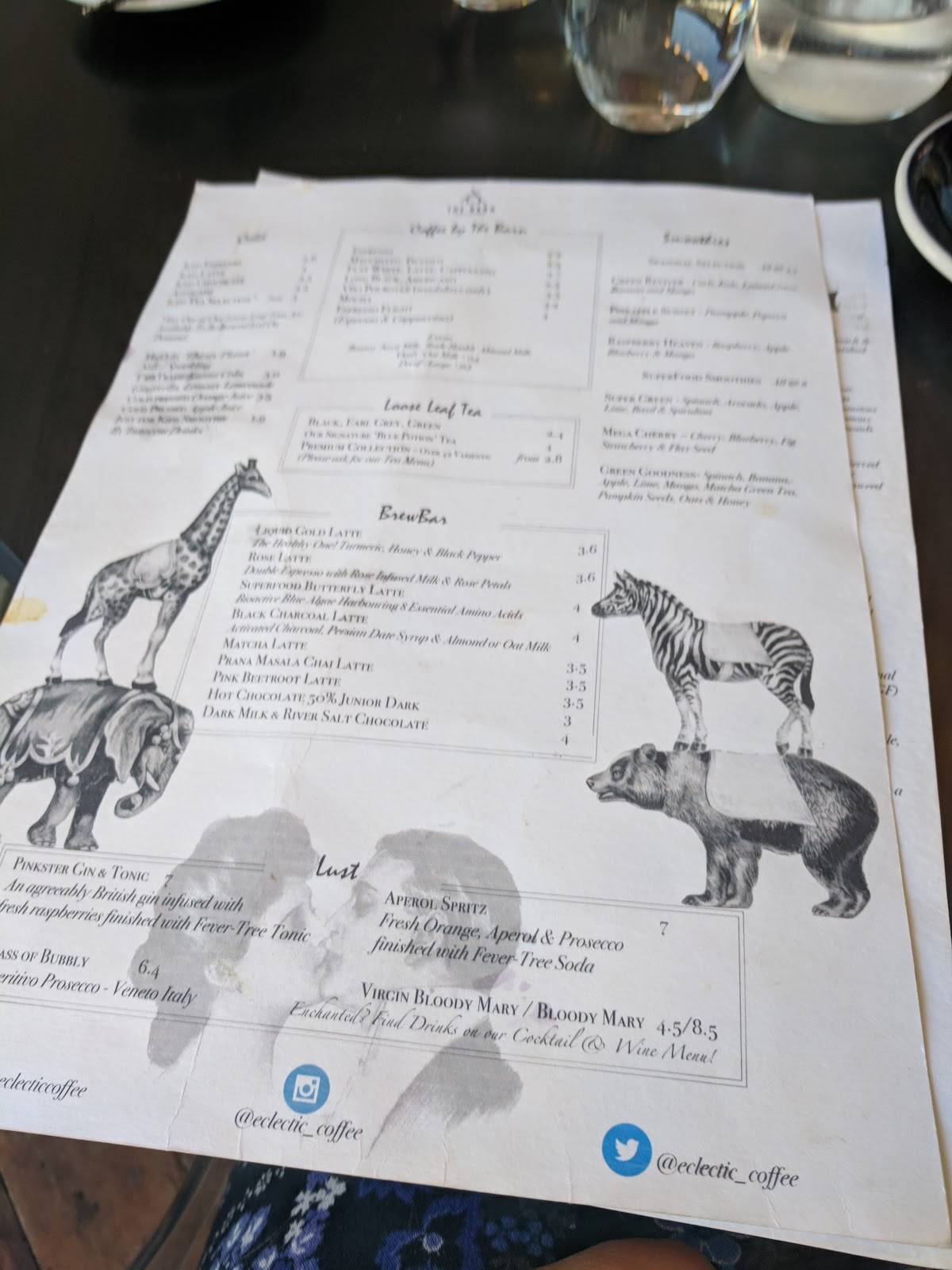 Menu at The Eclectic Collection cafe, London