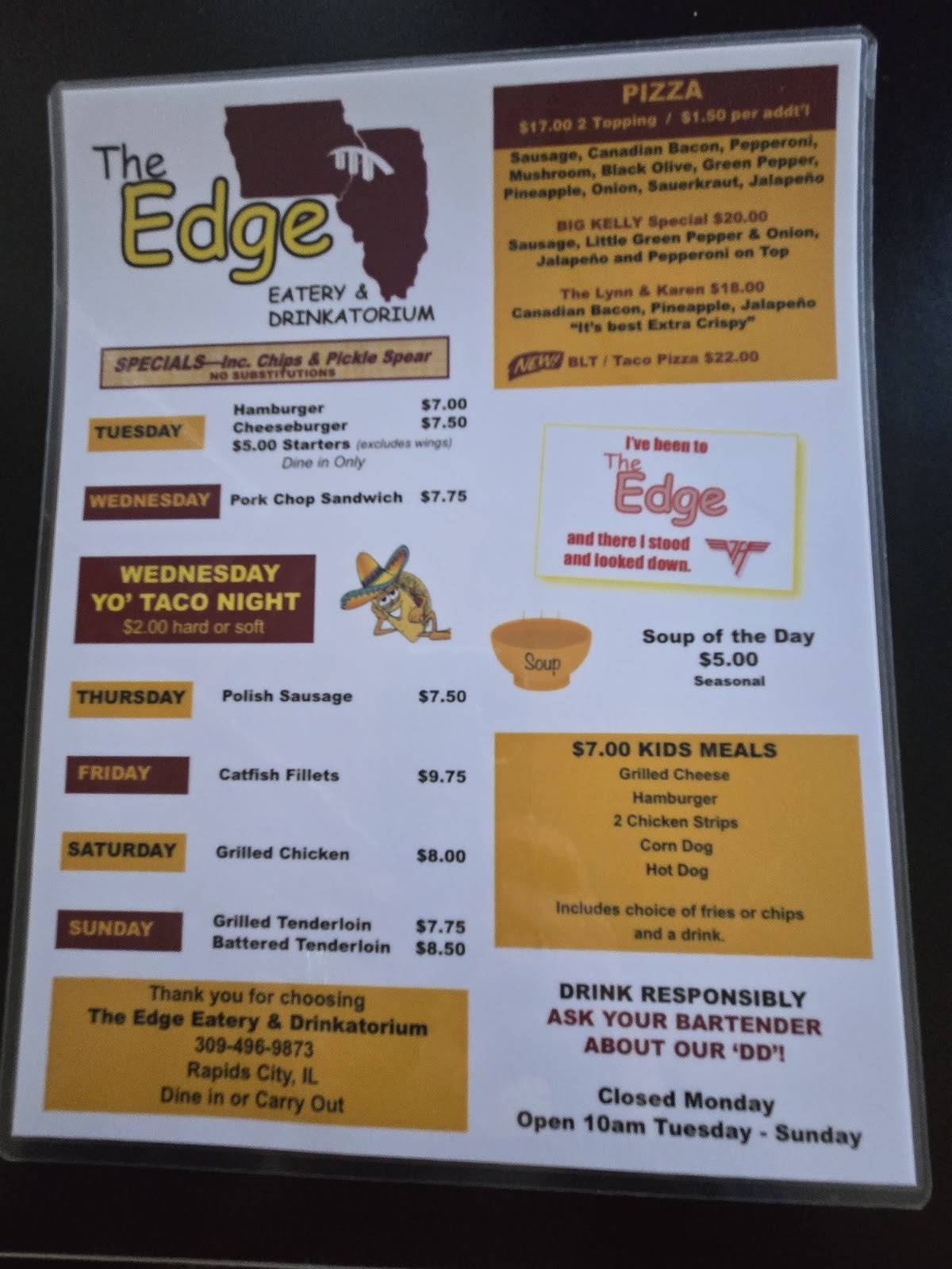 Menu at The Edge Eatery & Drinkatorium pub & bar, Rapids City