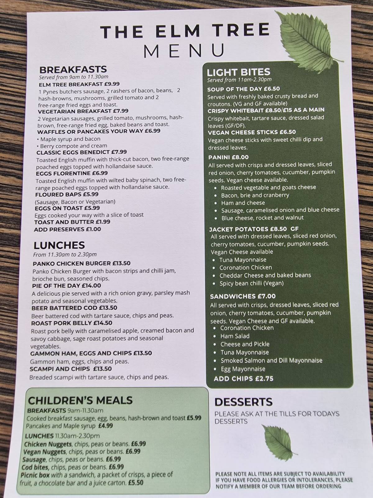Menu at The Elm Tree Restaurant, Taunton