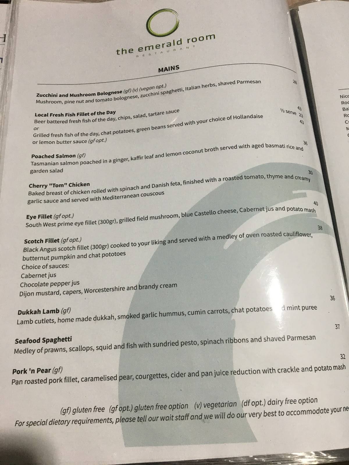 Menu at The Emerald Room Restaurant, Geraldton