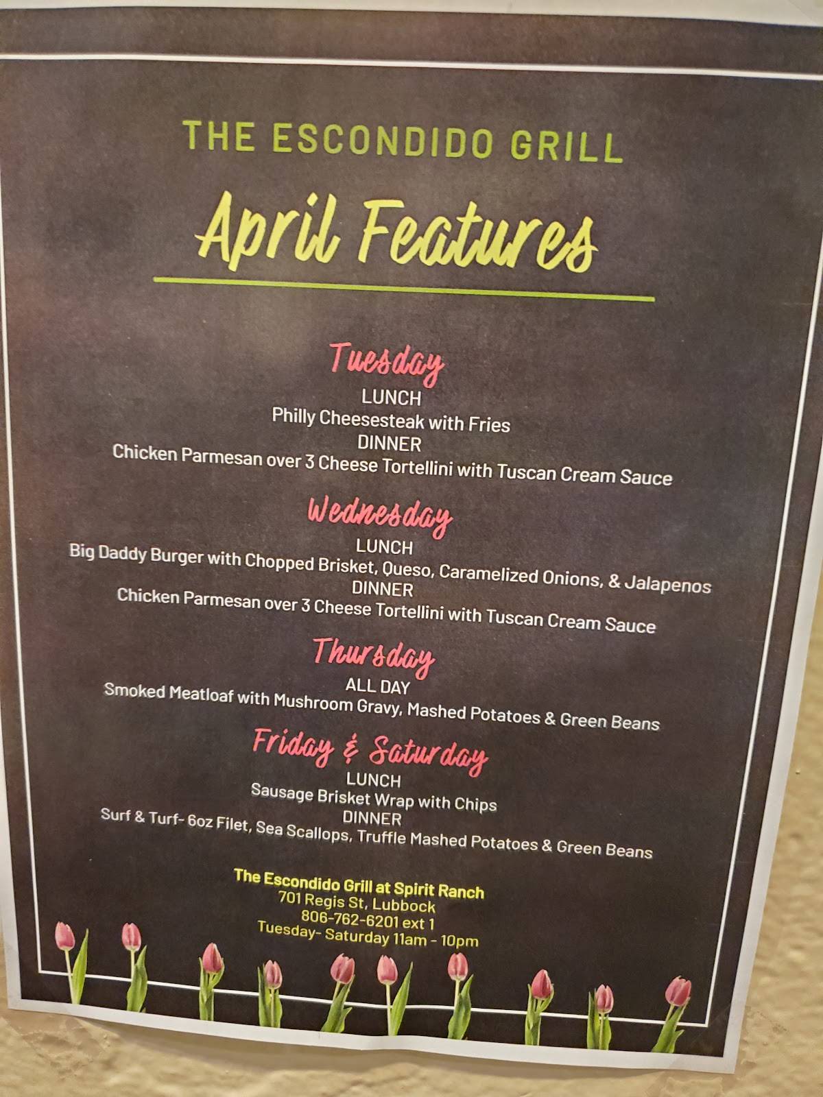 Menu at The Escondido Grill restaurant, Lubbock