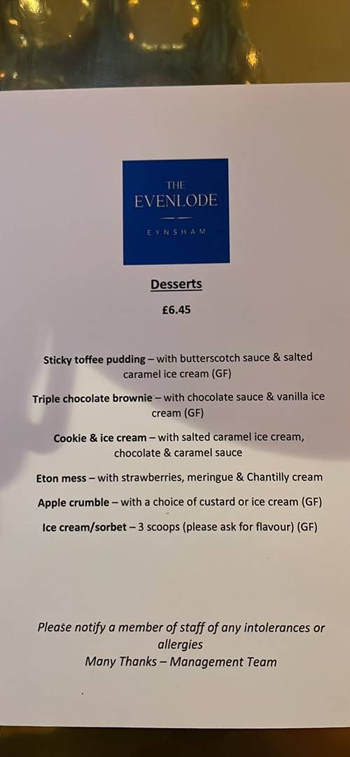 Menu at The Evenlode pub & bar, North Leigh