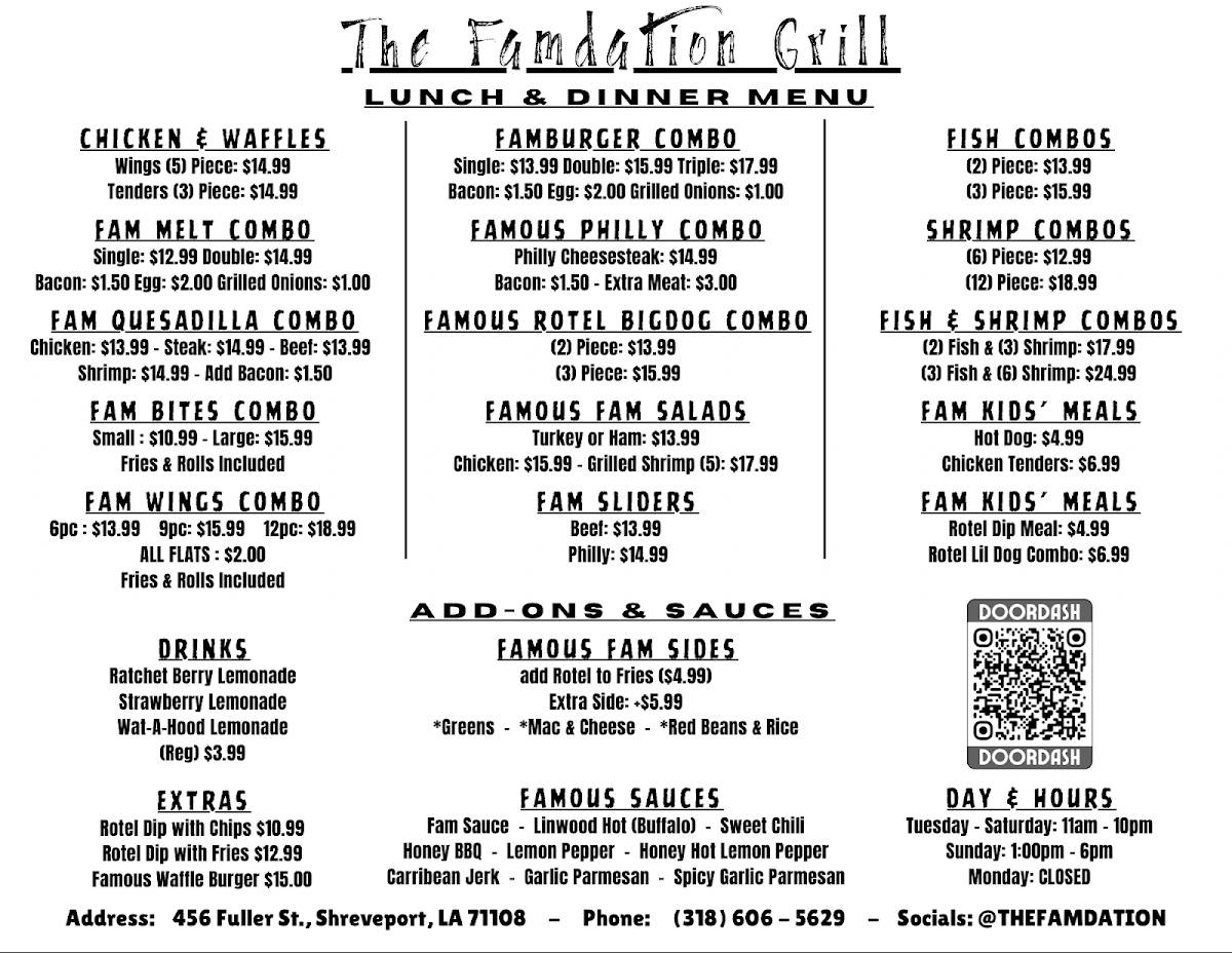 Menu at The Famdation Grill restaurant, Shreveport, 456 Fuller St