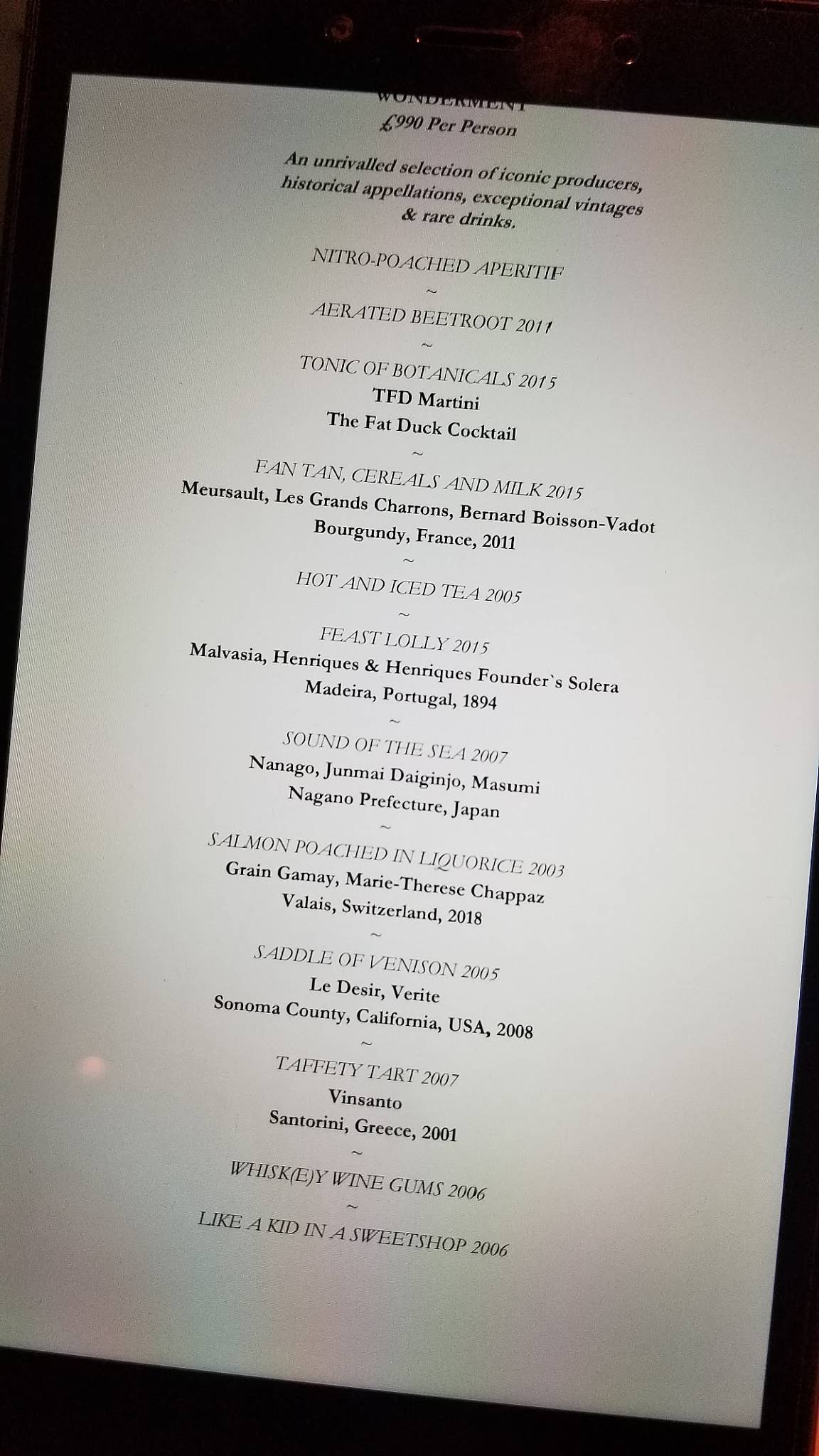 Menu at The Fat Duck restaurant, Bray