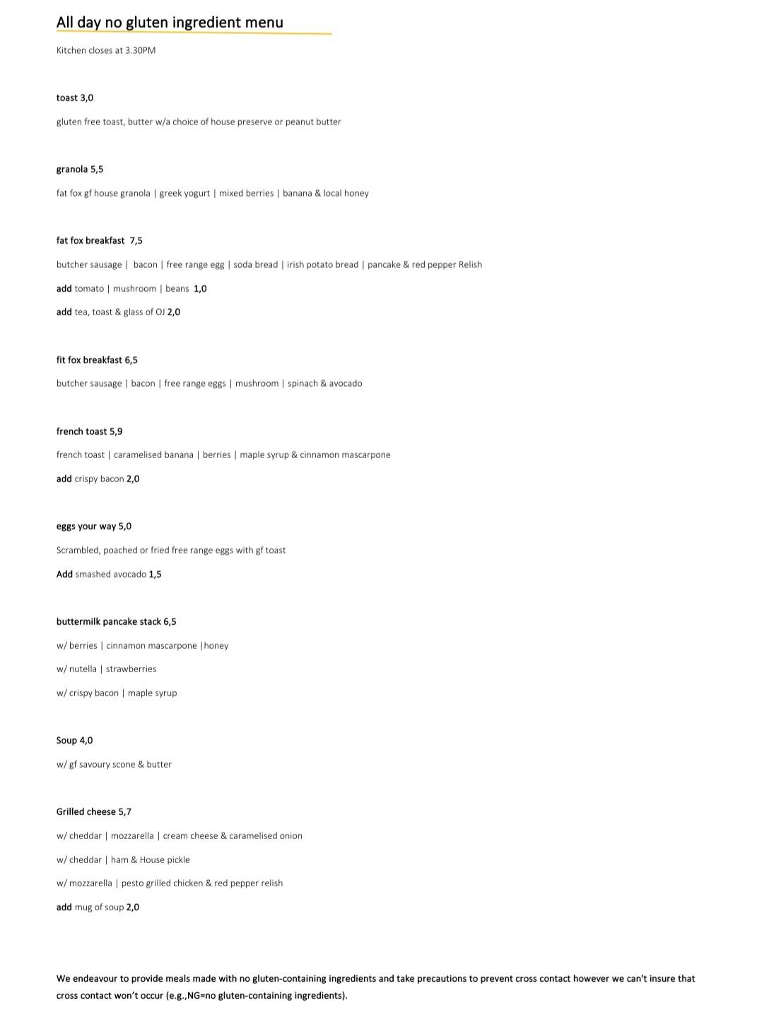 Menu at The Fat Fox Cafe, Claudy