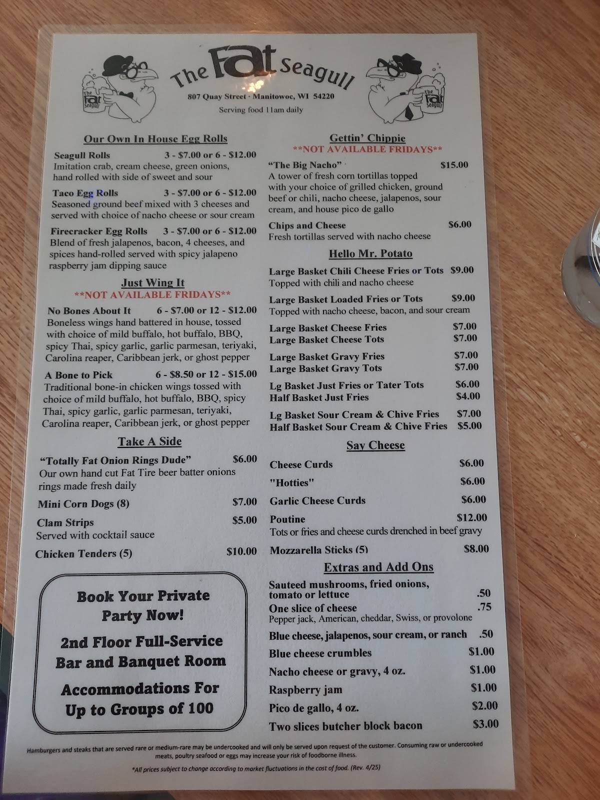 Menu at The Fat Seagull pub & bar, Manitowoc