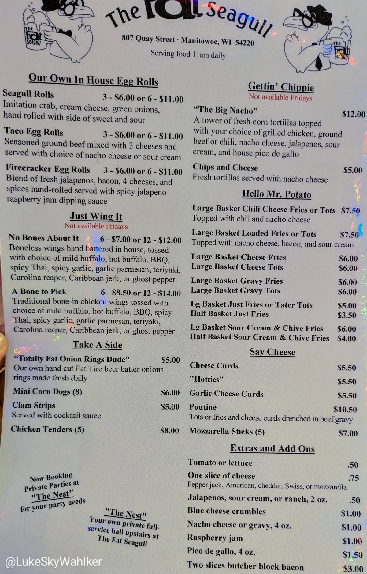 Menu at The Fat Seagull pub & bar, Manitowoc