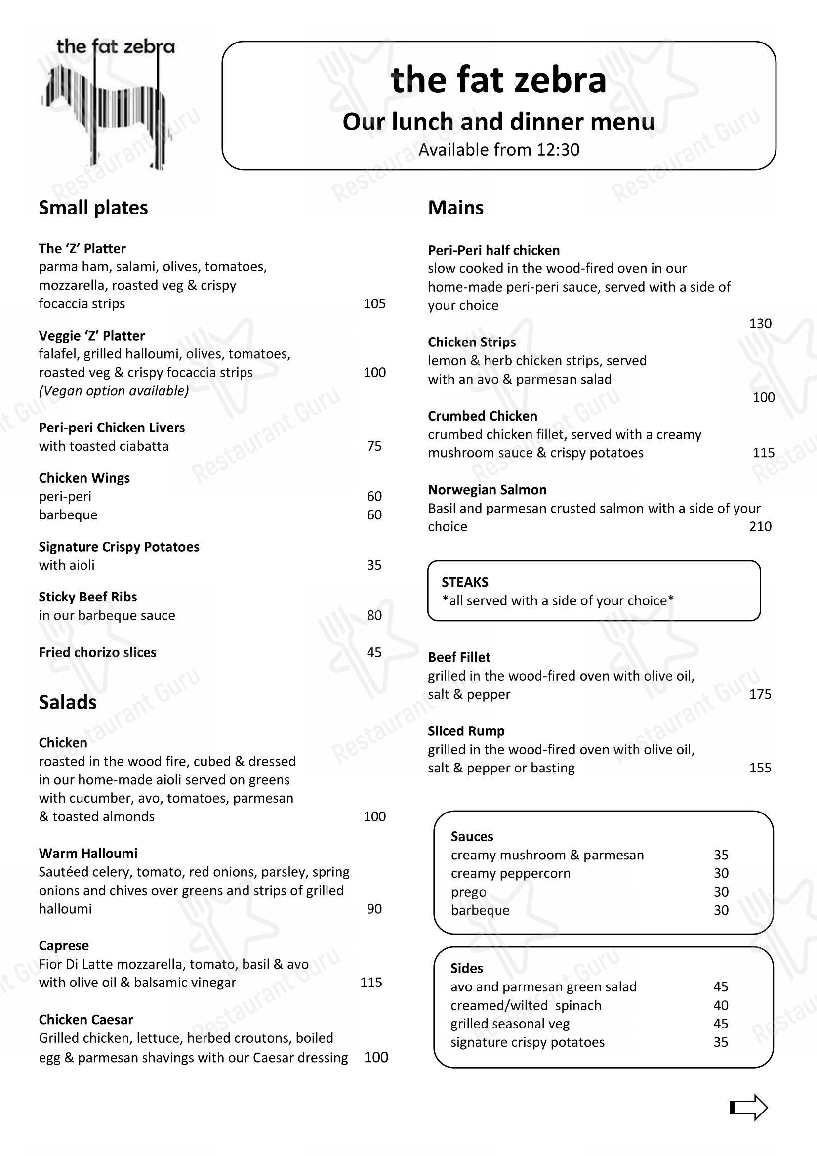 Menu at The Fat Zebra Linden cafe, Randburg, 71 7th St