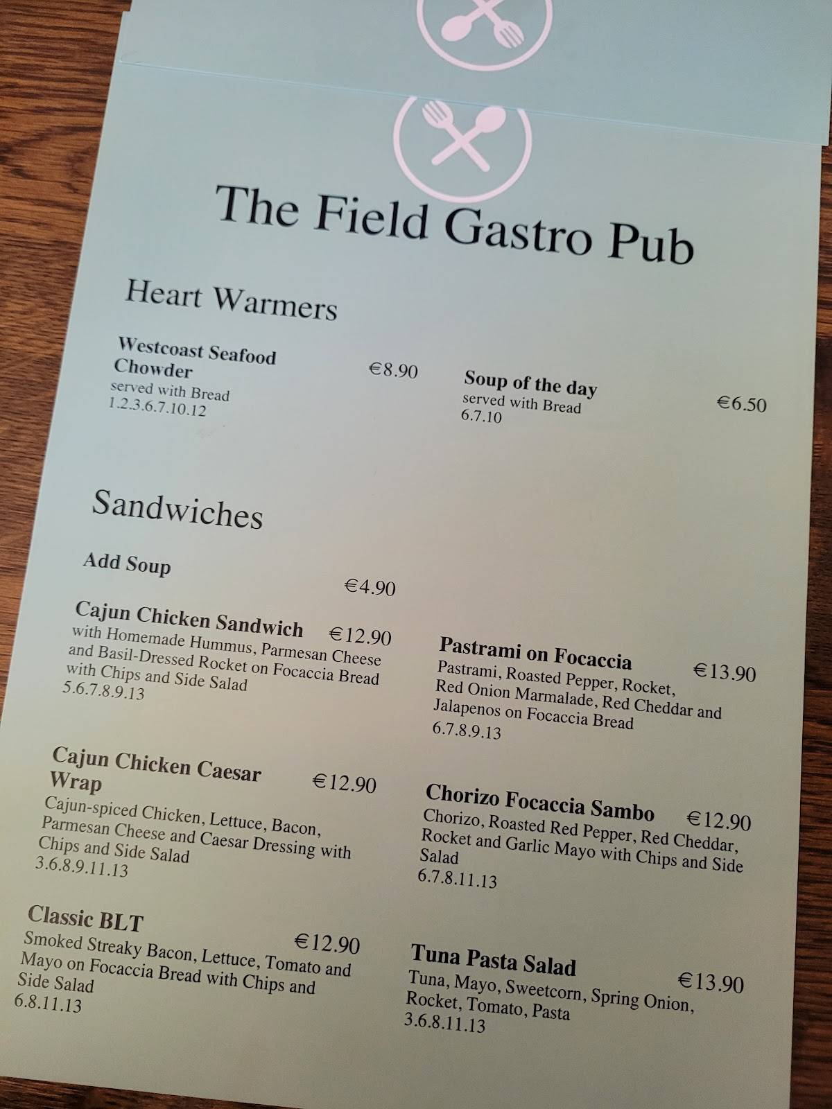 Menu at The Field pub & bar, Gort