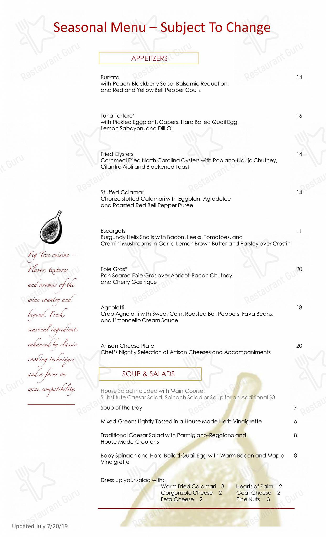 Menu at The Fig Tree Restaurant, Charlotte, E 7th St