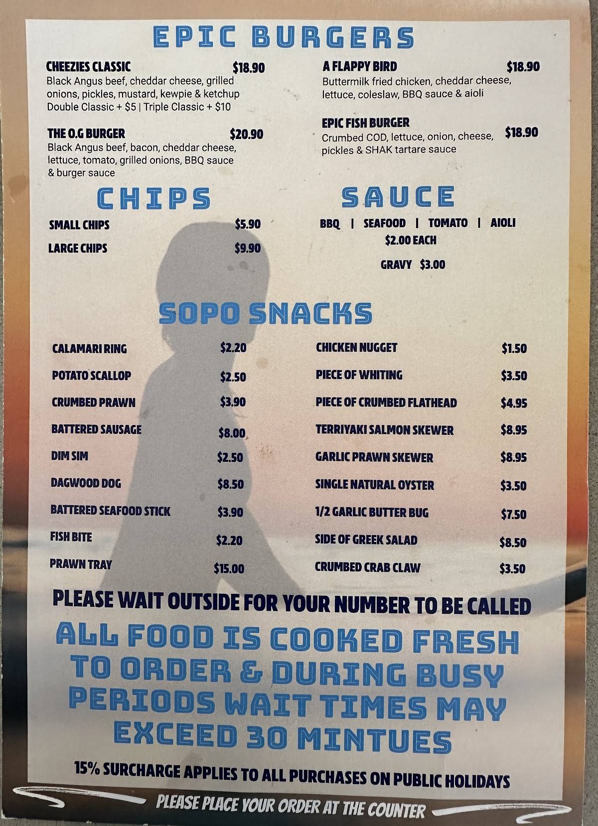 Menu at The Fish Shak restaurant, Gold Coast