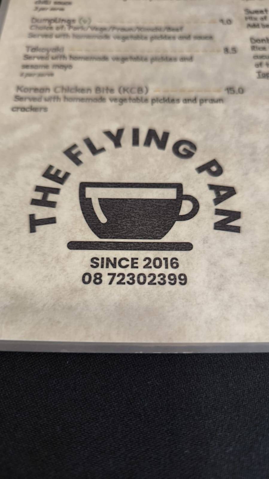 Menu at The Flying Pan restaurant, Myrtle Bank