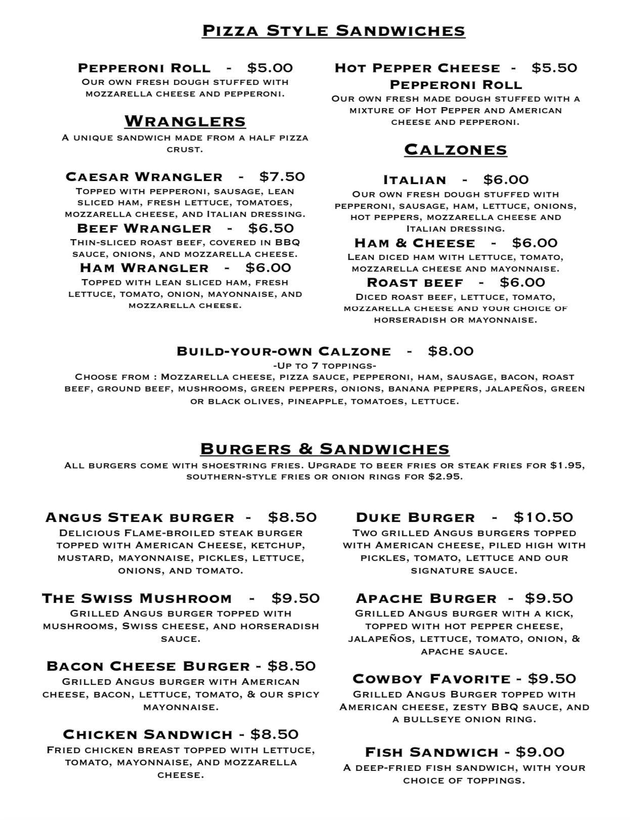 Menu at The Fort pizzeria, Sistersville