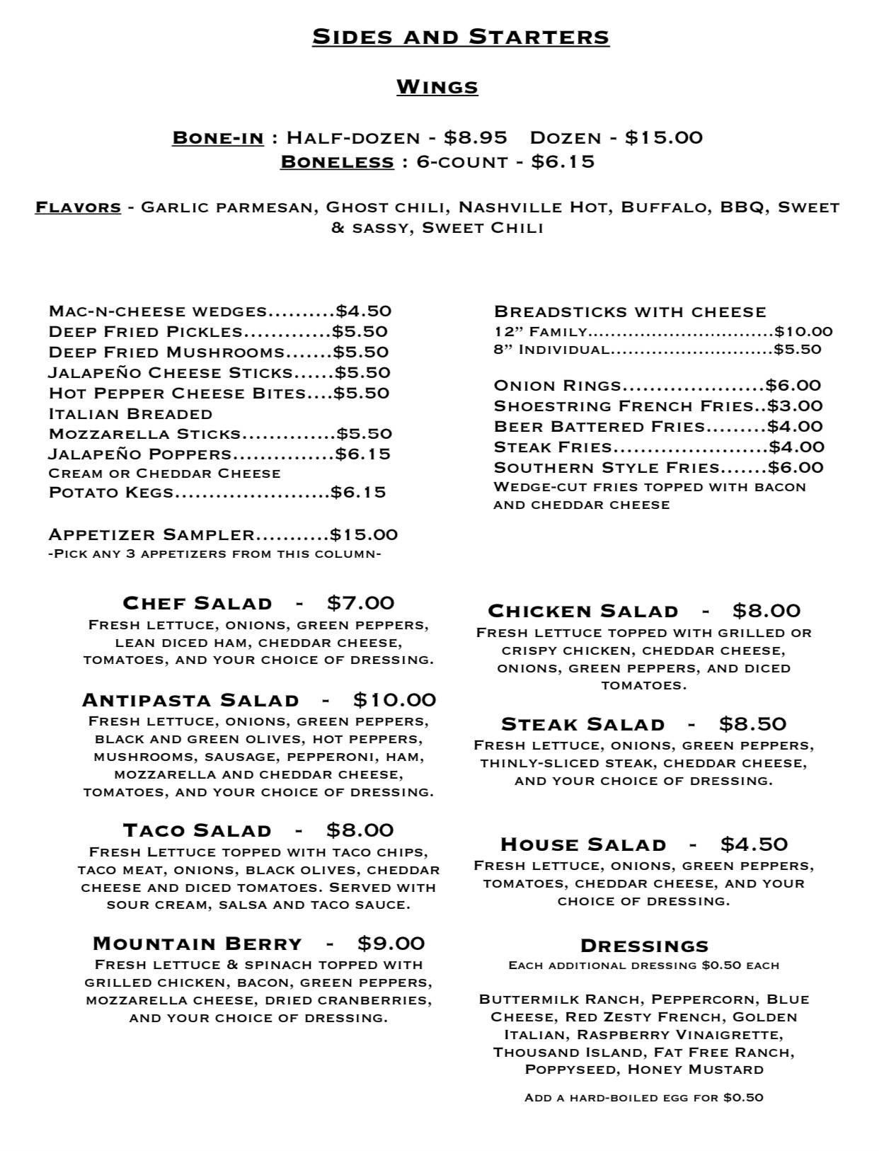 Menu at The Fort pizzeria, Sistersville