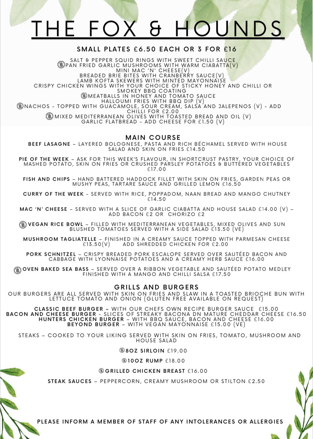 Menu at The Fox & Hounds pub & bar, Tewkesbury