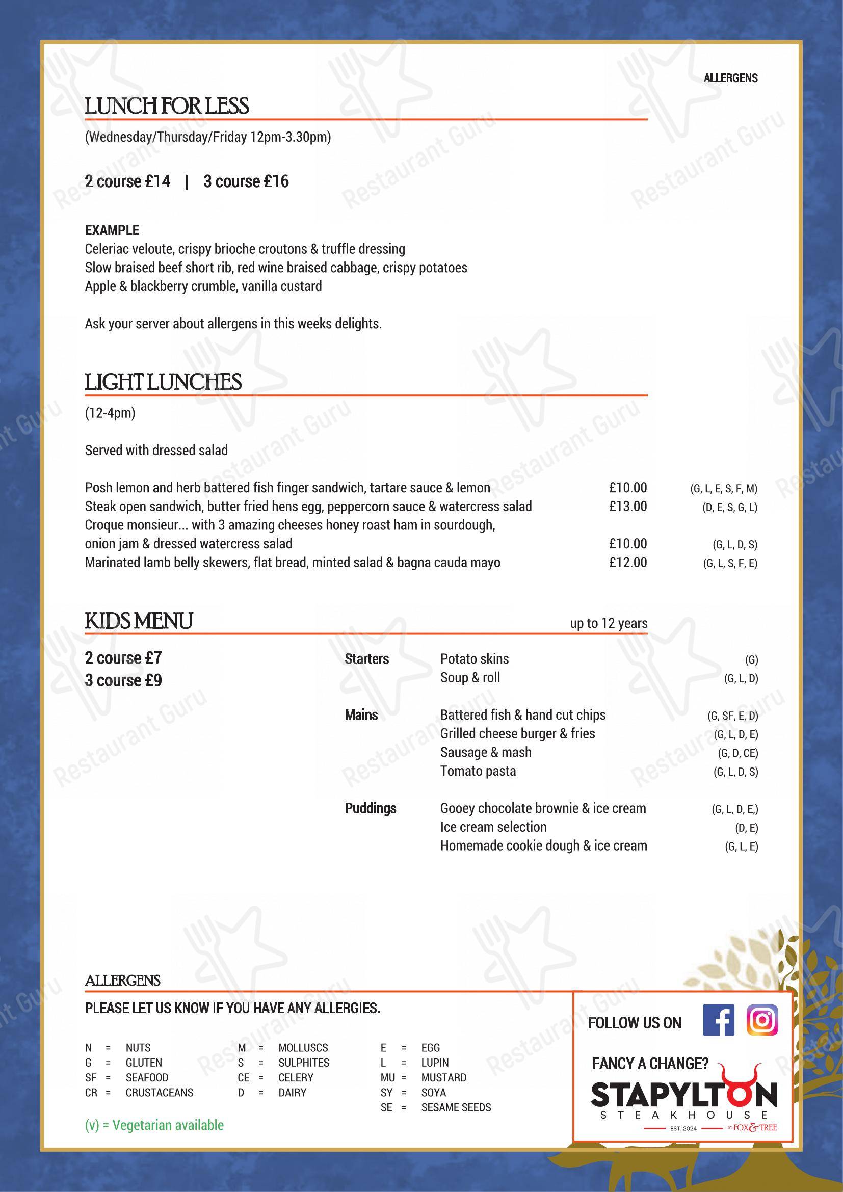 Menu at The Fox and Tree restaurant, Seaham